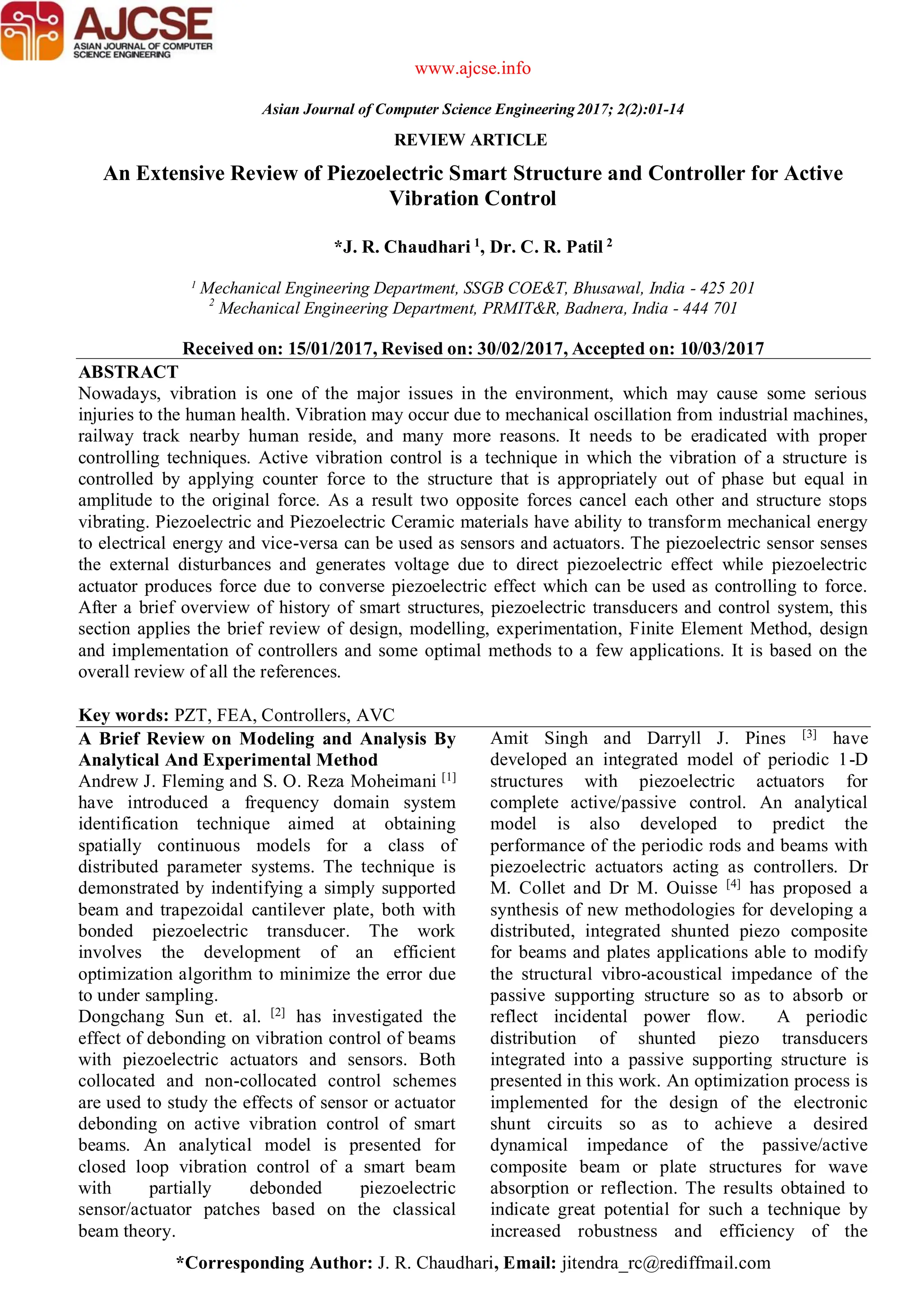 An Extensive Review Of Piezoelectric Smart Structure And Controller For Active Vibration Control