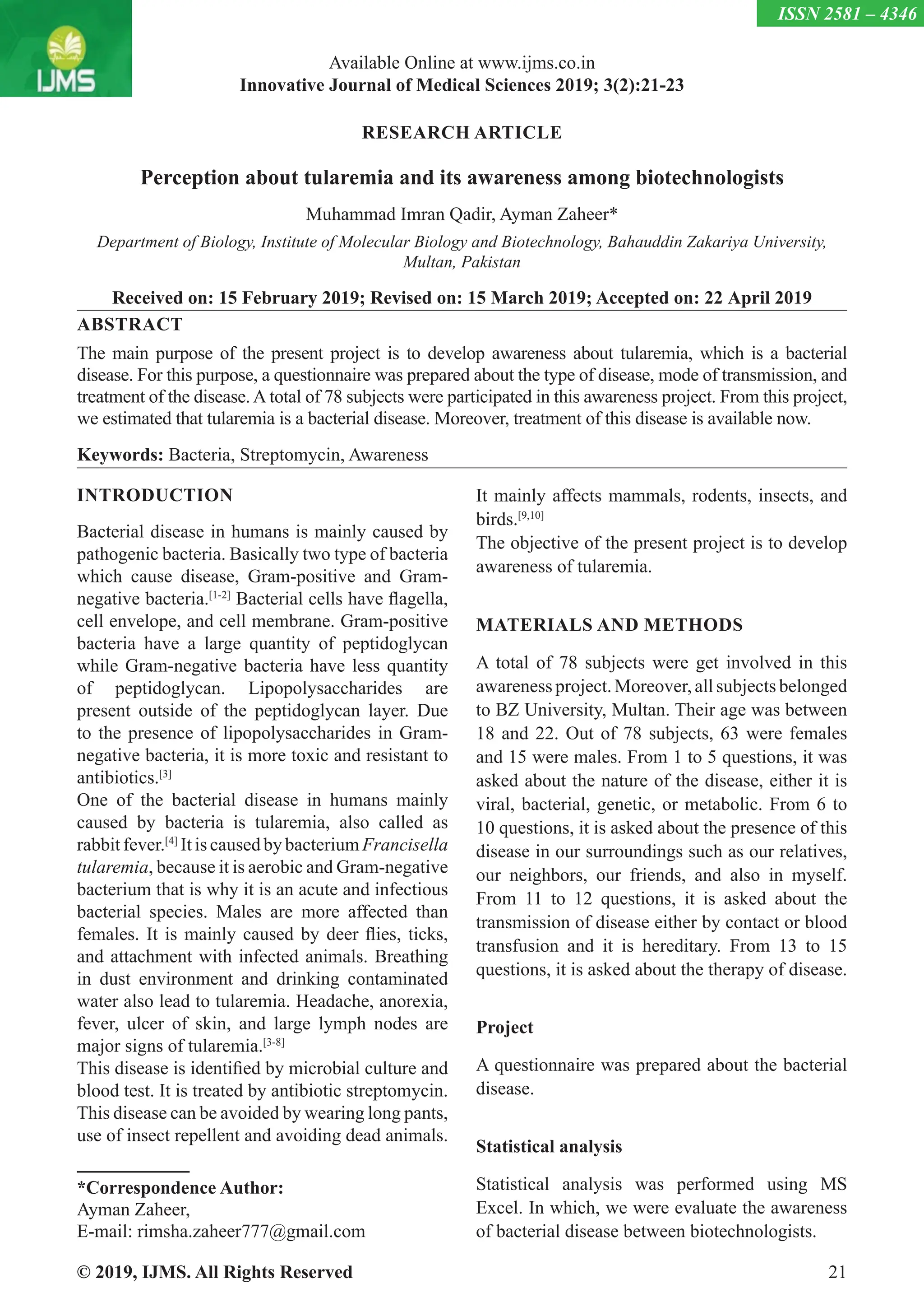 Perception about tularemia and its awareness among biotechnologists | PDF