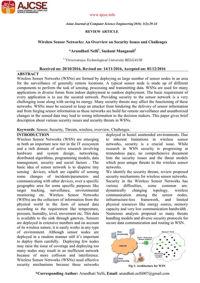 Wireless Sensor Networks: An Overview on Security Issues and Challenges | PDF | Internet of ...