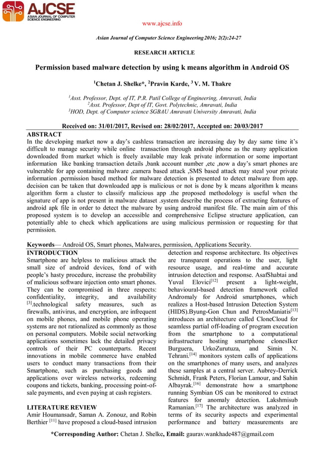 Permission Based Malware Detection By Using K Means Algorithm In