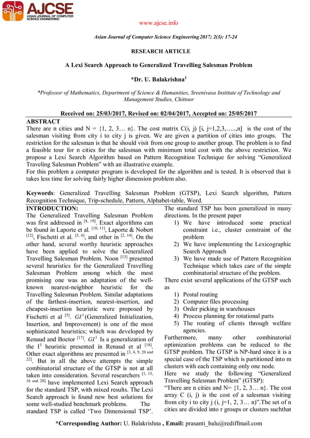 A Lexi Search Approach to Generalized Travelling Salesman Problem | PDF
