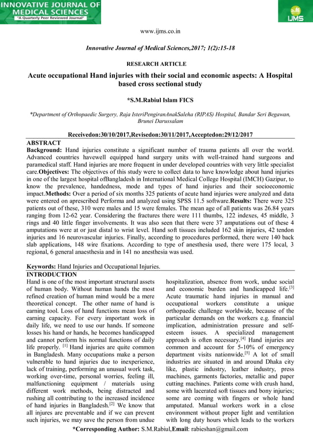 Acute occupational Hand injuries with their social and economic aspects ...
