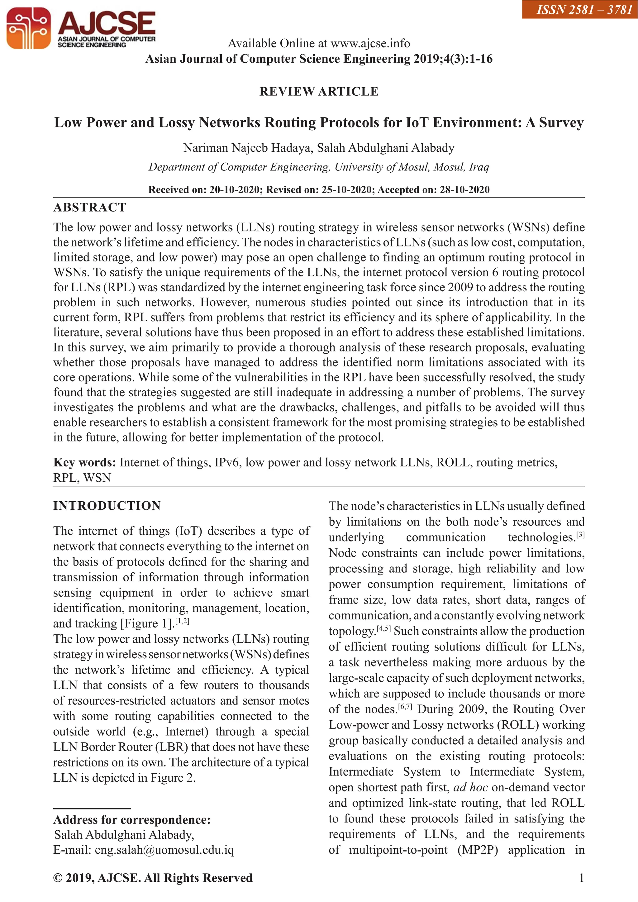 Low Power and Lossy Networks Routing Protocols for IoT Environment: A Survey | PDF