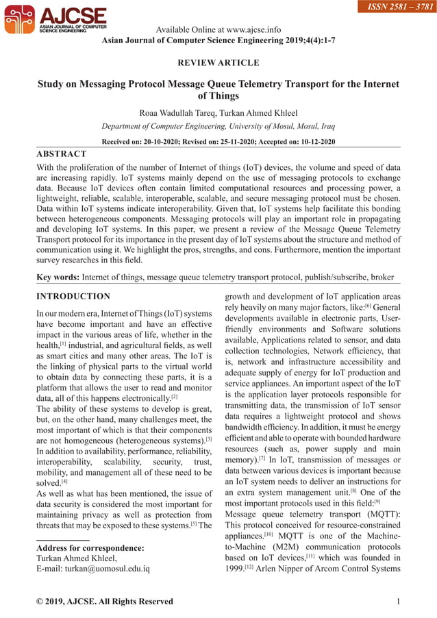 Study on Messaging Protocol Message Queue Telemetry Transport for the Internet of Things | PDF ...