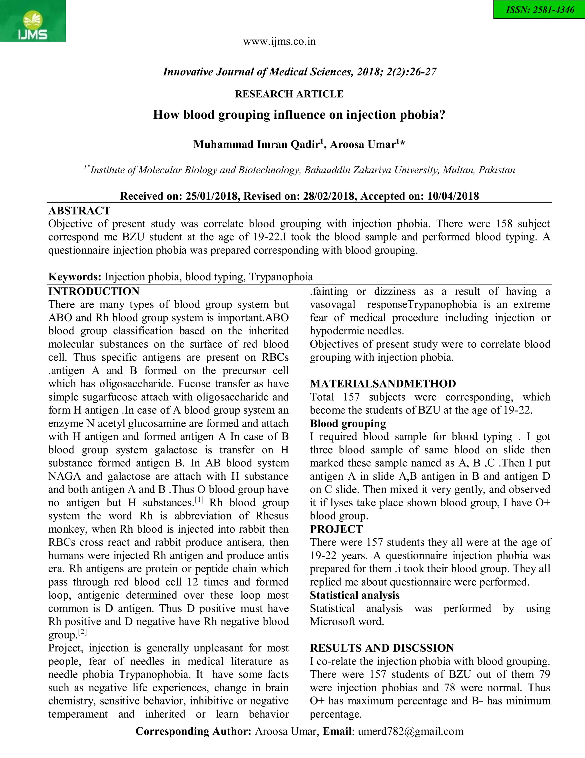 How blood grouping influence on injection phobia? | PDF