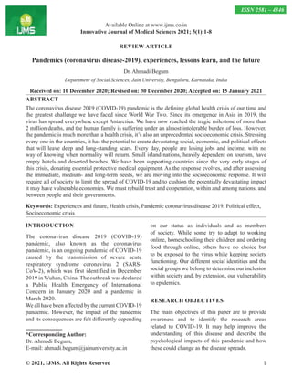 Pandemics (coronavirus disease-2019), experiences, lessons learn, and ...