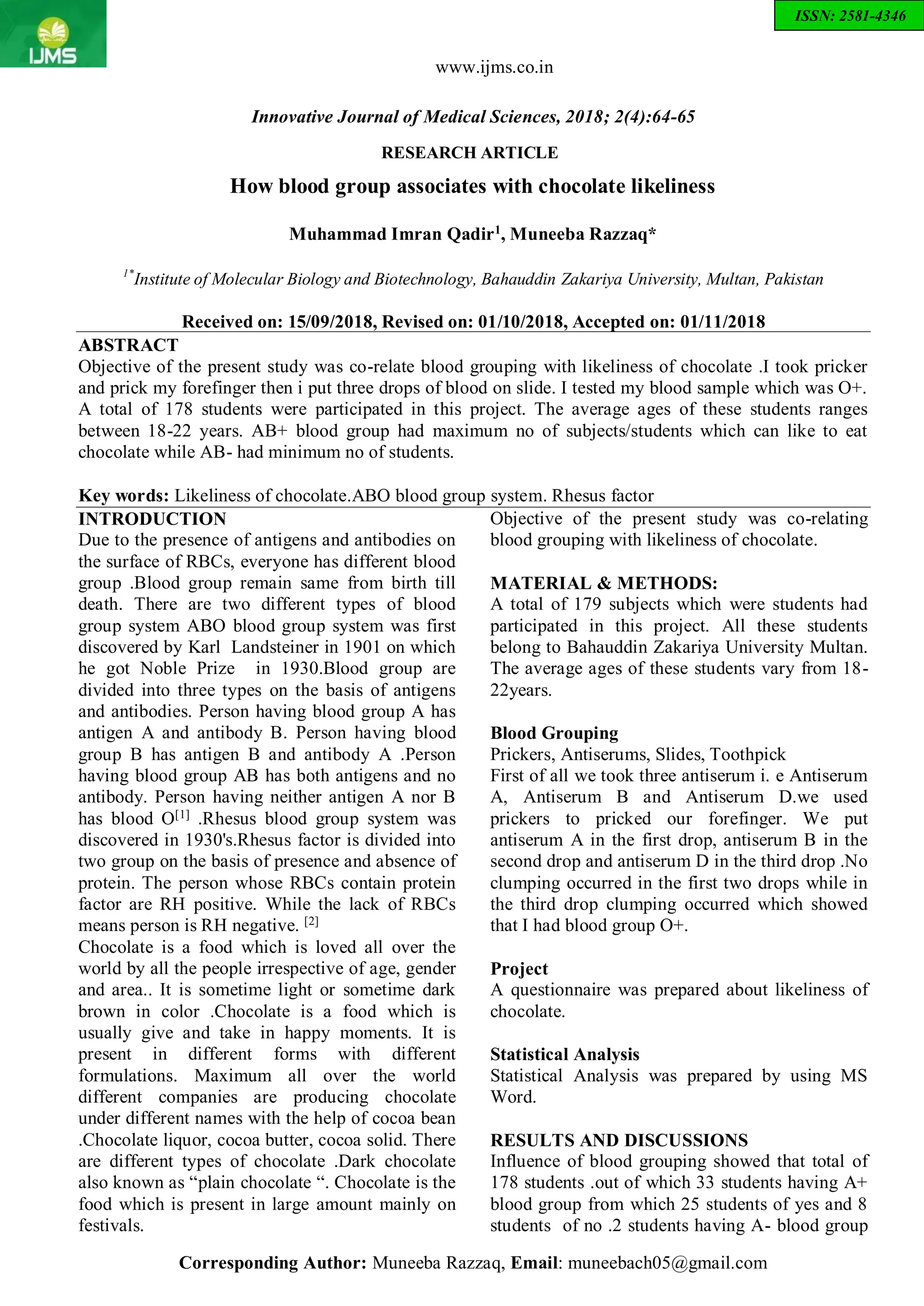 How blood group associates with chocolate likeliness | PDF