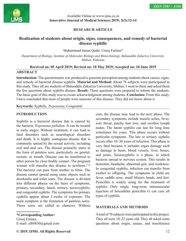 Realization of students about origin, signs, consequences, and remedy of bacterial disease ...