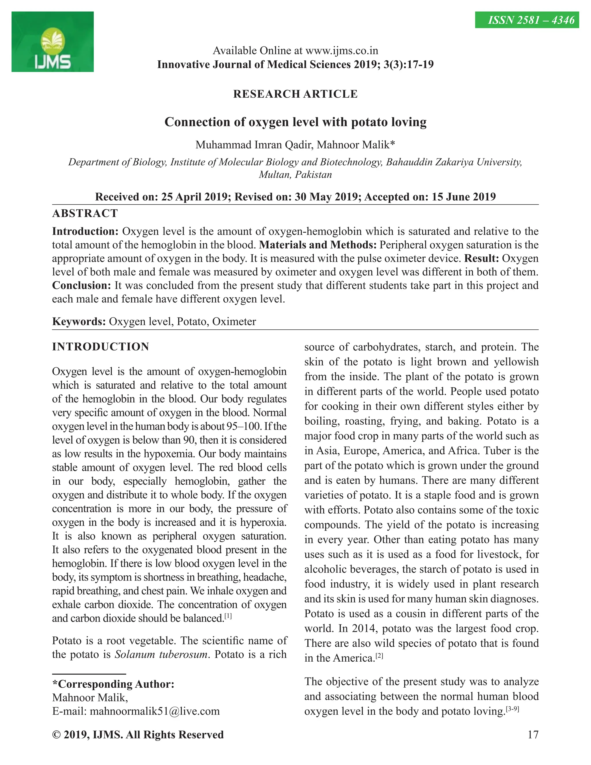 Connection of oxygen level with potato loving | PDF