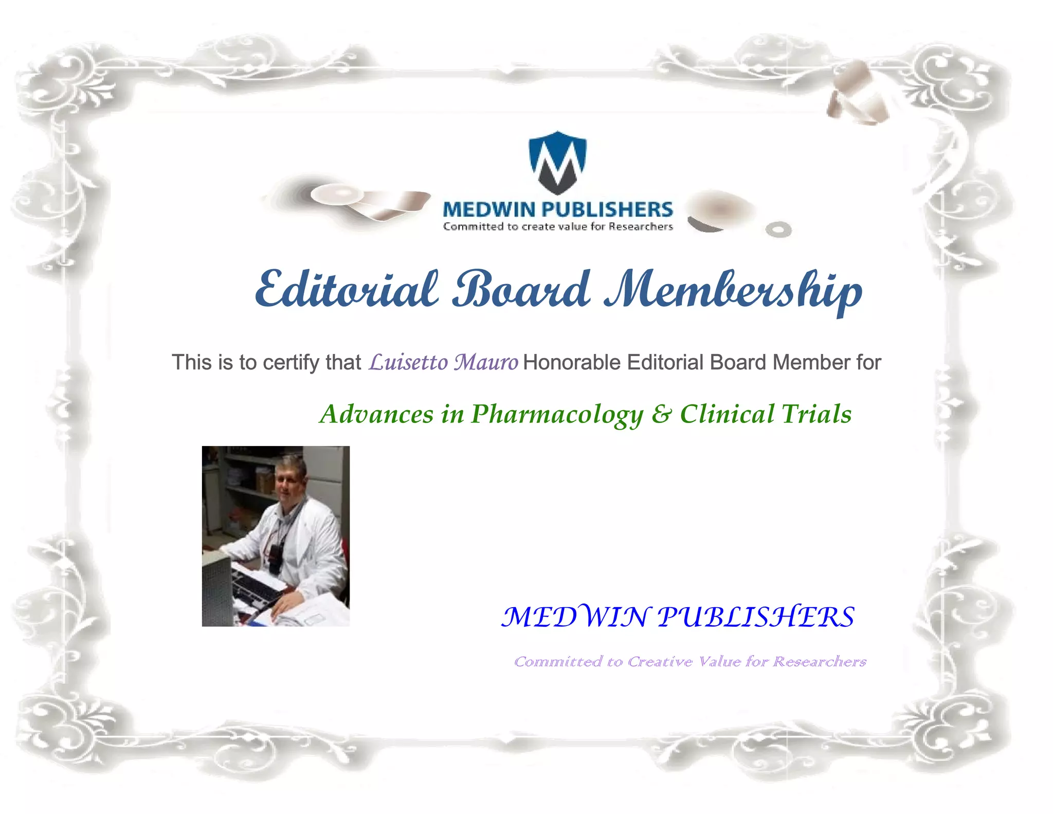 Editorial board member certificate luisetto m advances in pharmacology ...