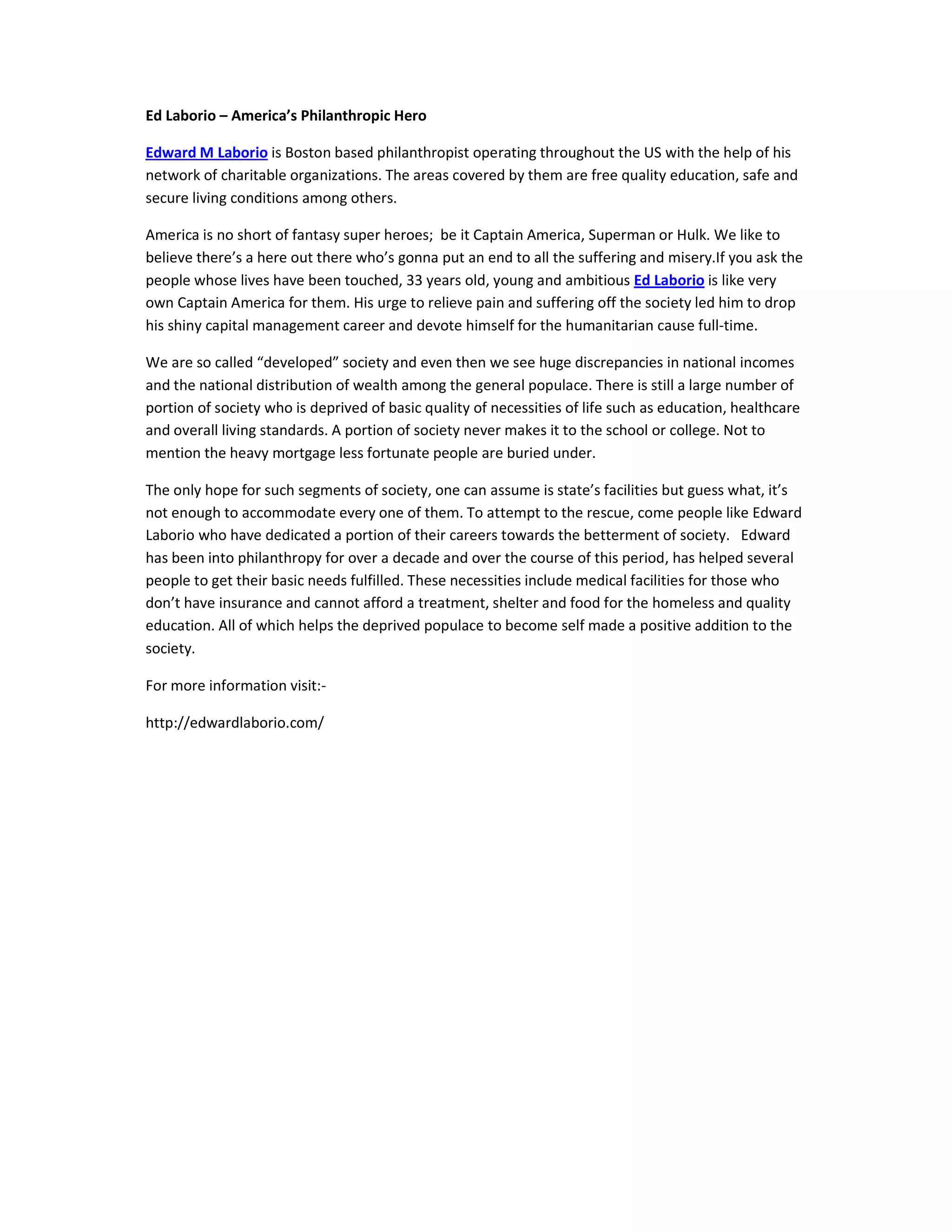 Ed laborio – america’s philanthropic hero | PDF