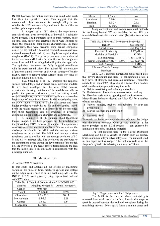 Experimental Investigation Of Process Parameters On Inconel 925 For Edm Process By Using Taguchi