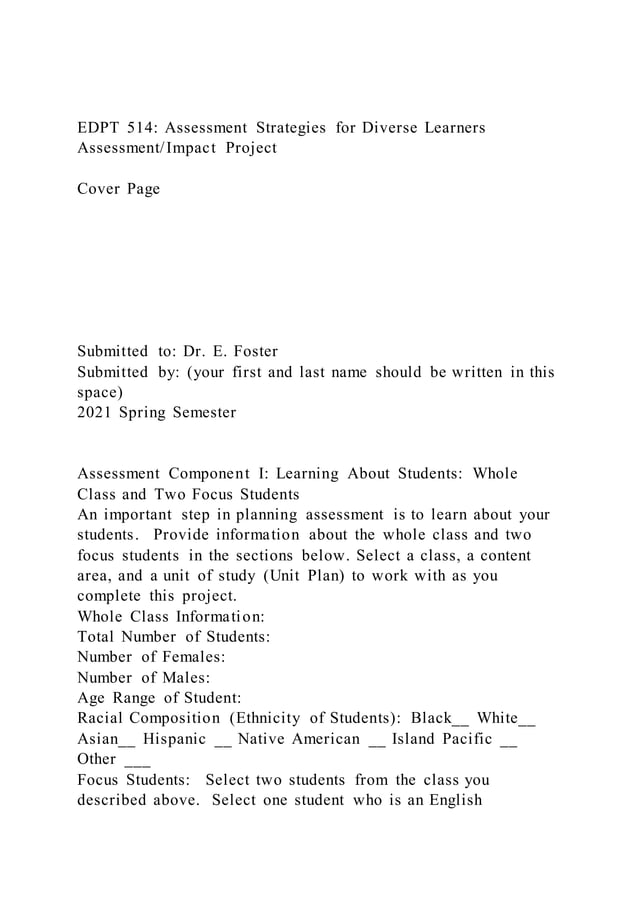 EDPT 514 Assessment Strategies for Diverse LearnersAssessmentI | PDF