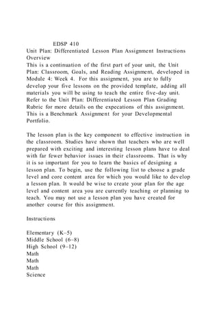 EDSP 410Unit Plan Differentiated Lesson Plan Assignment Instr | DOCX