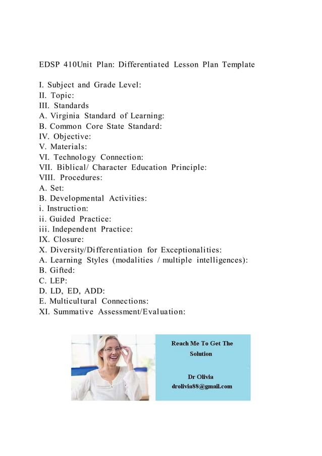 EDSP 410Unit Plan Differentiated Lesson Plan TemplateI. Subje | PDF