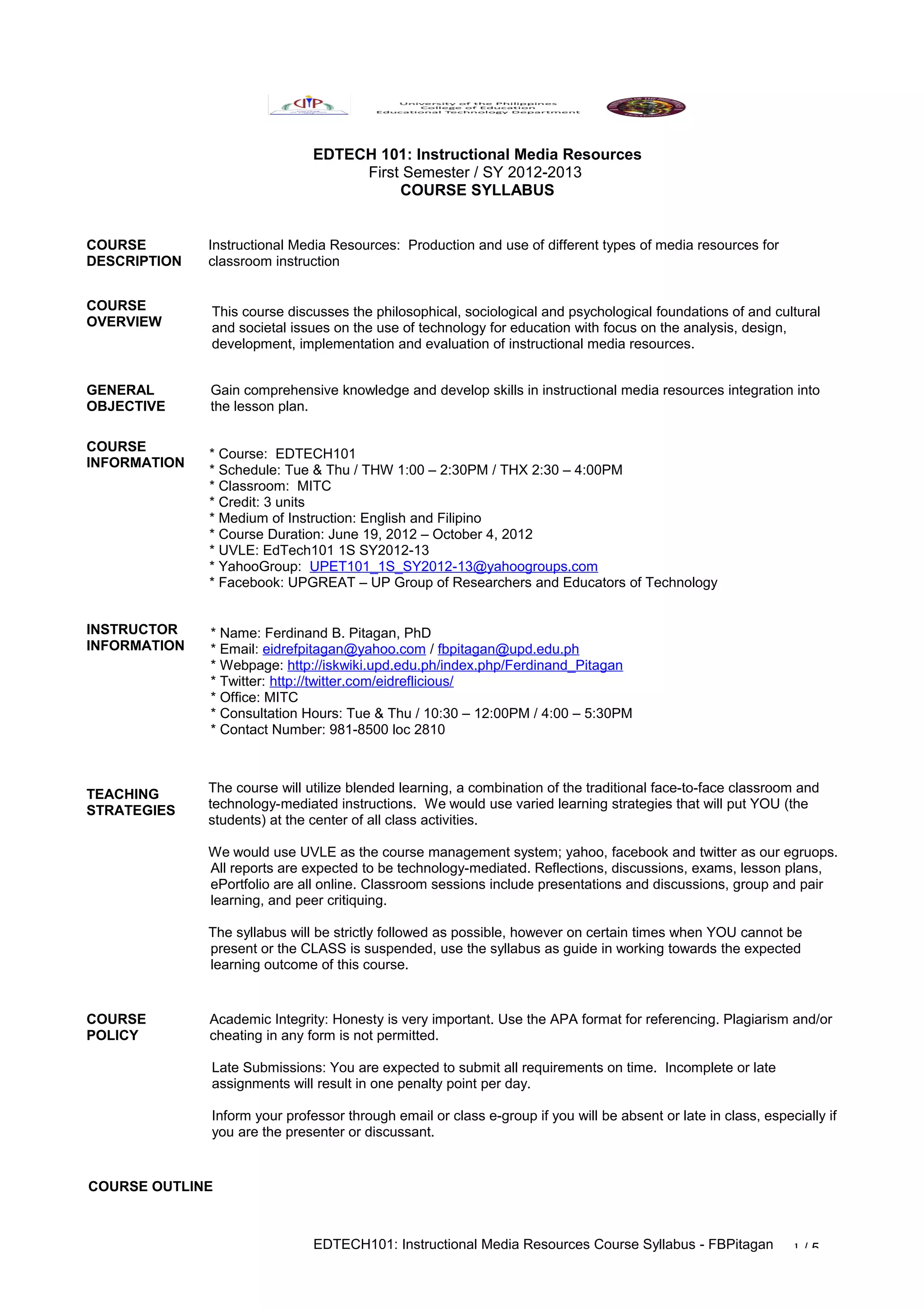 Ed tech 101 1ssy2012 13 updated syllabus | PDF