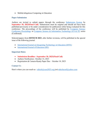 4th International Conference on Education and Integrating Technology (EDTECH 2023) | PDF | Education