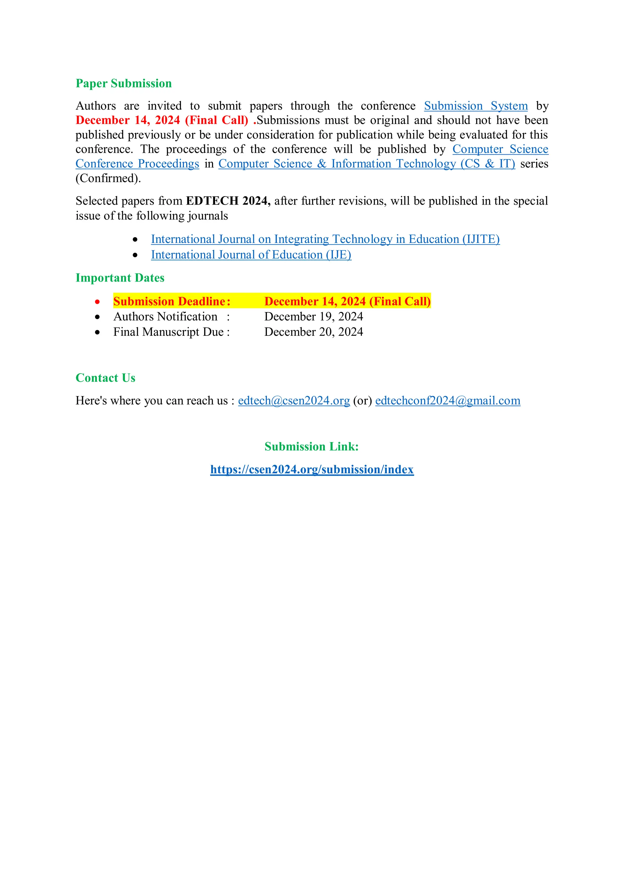 5 th International Conference on Education and Integrating Technology (EDTECH 2024) | PDF