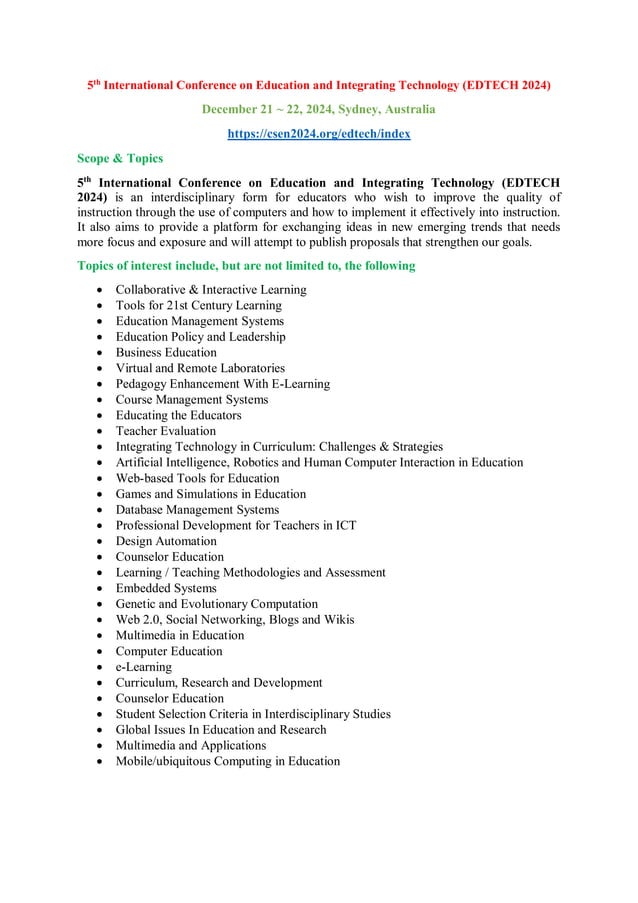 5 th International Conference on Education and Integrating Technology (EDTECH 2024) | PDF