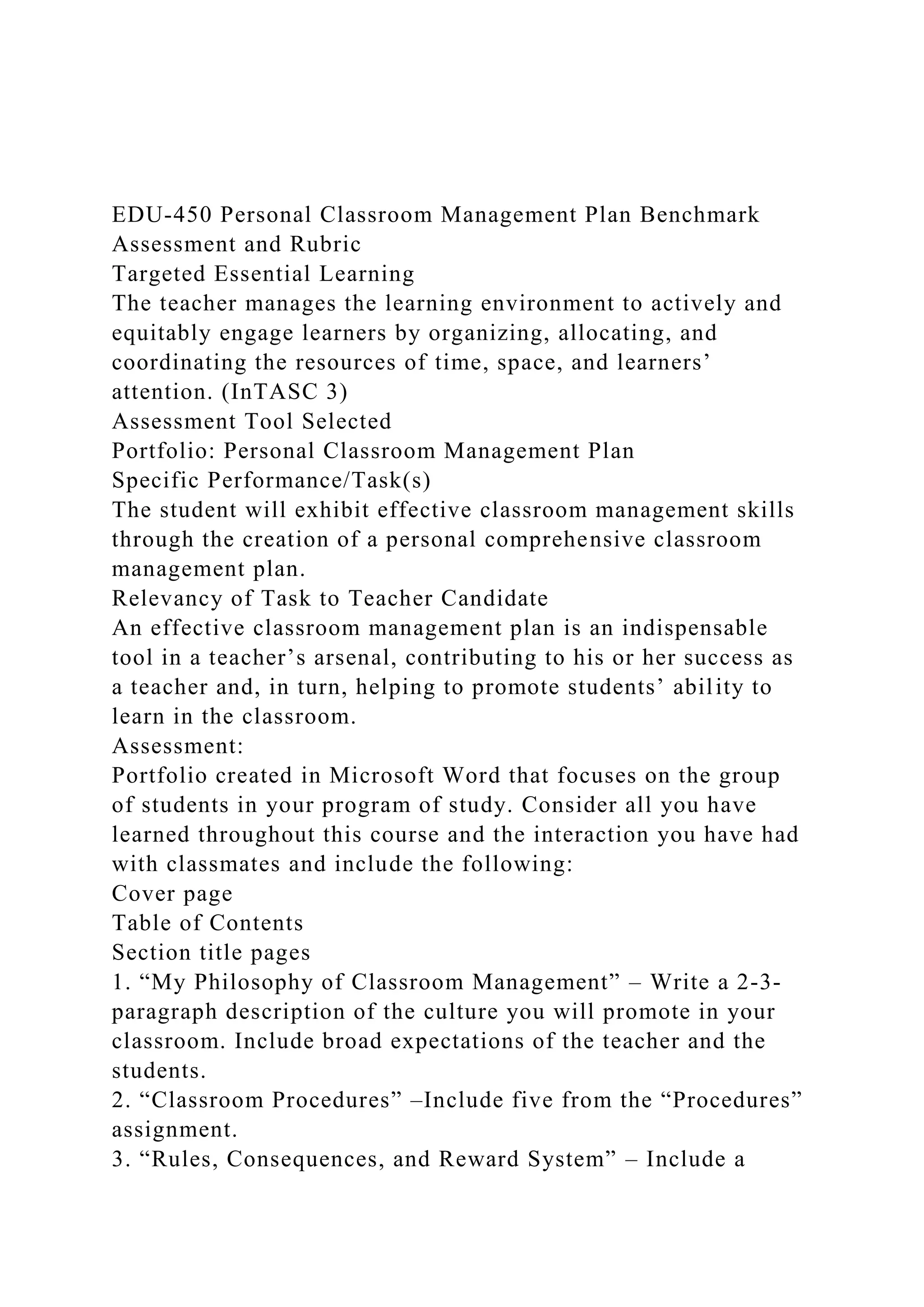 EDU-450 Personal Classroom Management Plan Benchmark Assessment .docx
