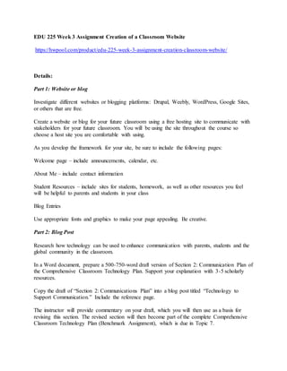 Edu 225 week 3 assignment creation of a classroom website | DOCX