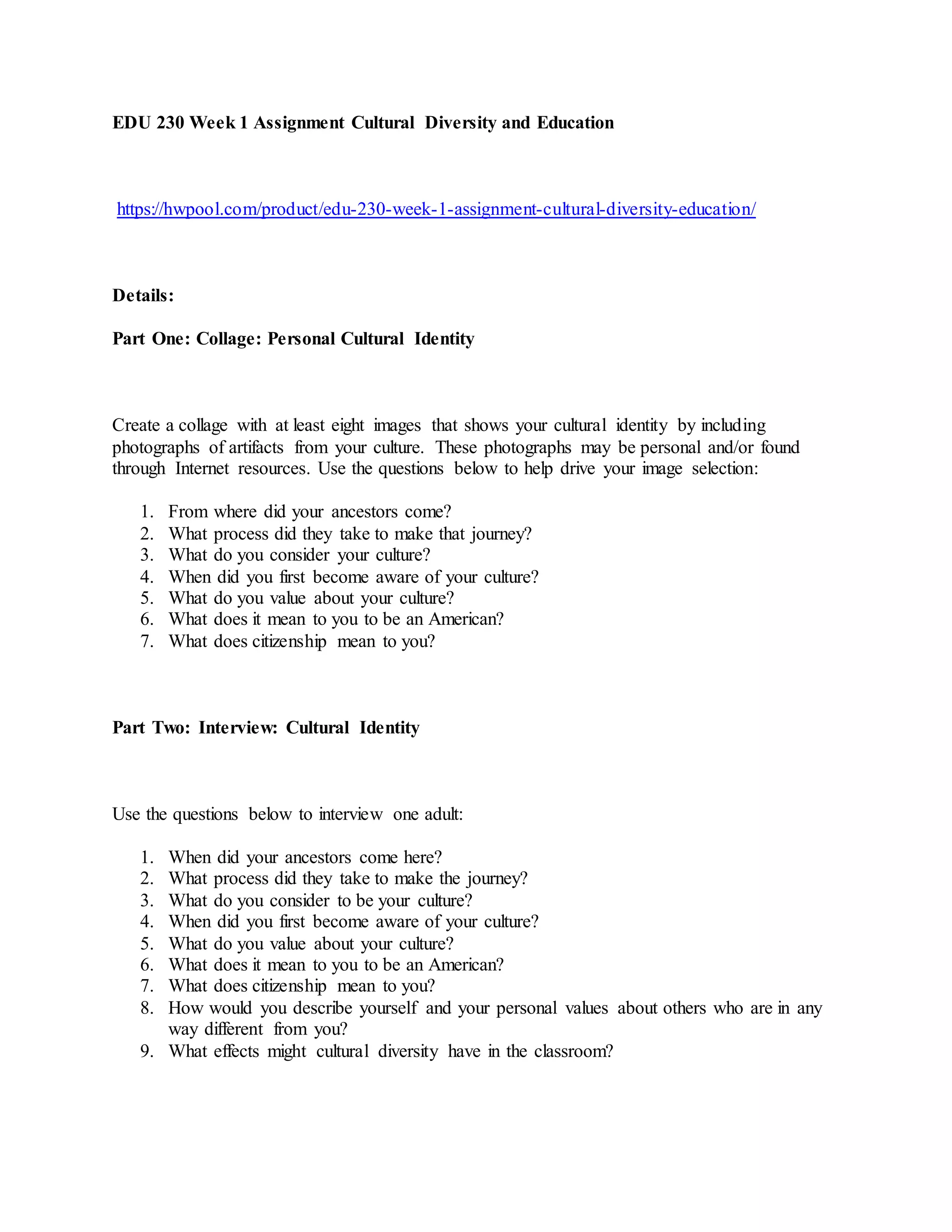 Edu 230 week 1 assignment cultural diversity and education | PDF