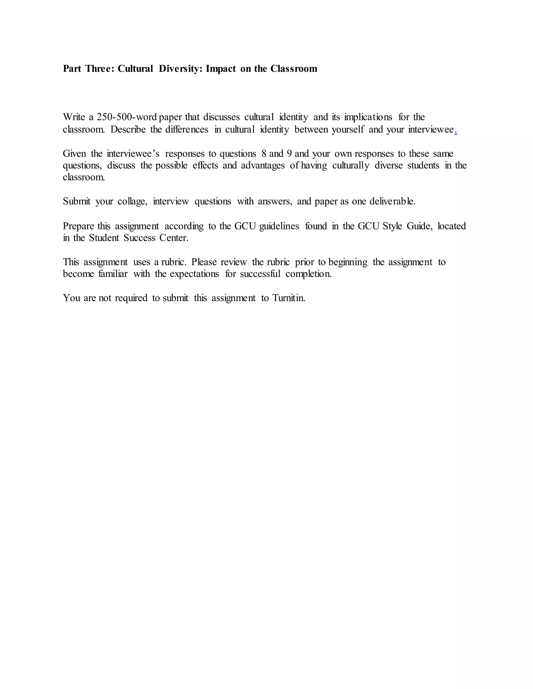 Edu 230 week 1 assignment cultural diversity and education | DOCX