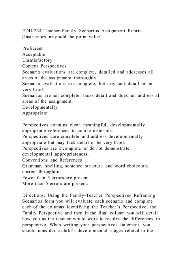 EDU 234 Teacher-Family Scenarios Assignment Rubric[Instructors may | DOCX