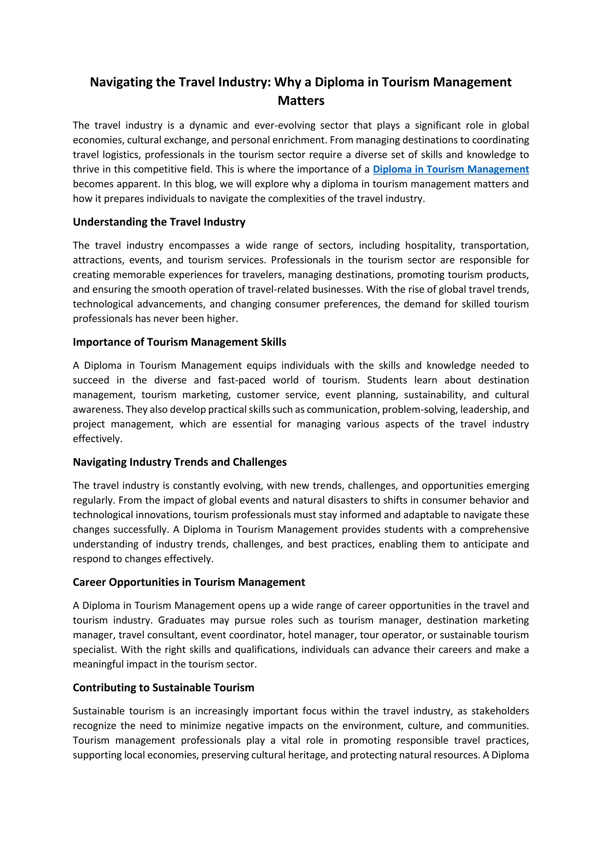 Why a Diploma in Tourism Management Matters? | PDF