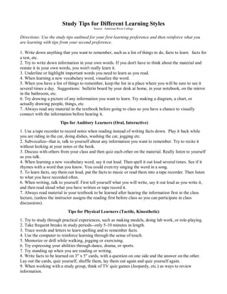 Edu 3033 study tips for different learning styles | PDF