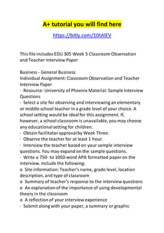 Edu 305 week 5 classroom observation and teacher interview paper | PDF