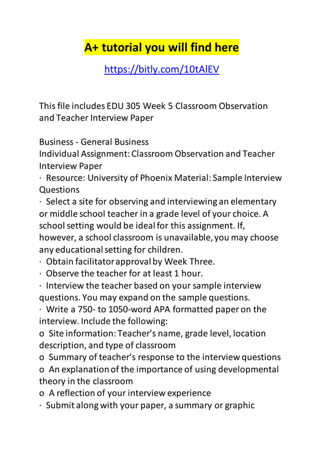 Edu 305 week 5 classroom observation and teacher interview paper | PDF
