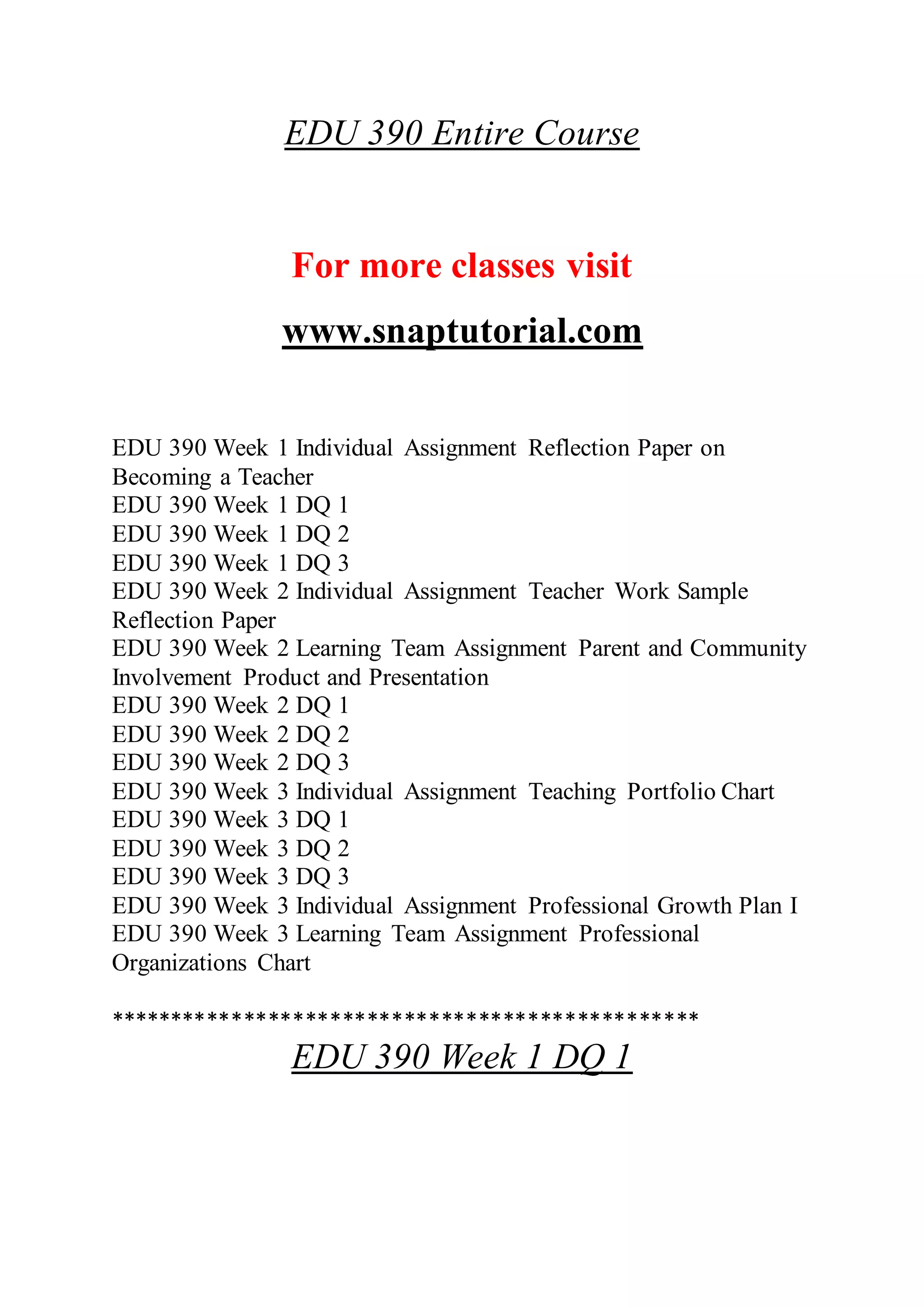 EDU 390 Exceptional Education / snaptutorial.com | DOCX | Professional School | Postgraduate ...