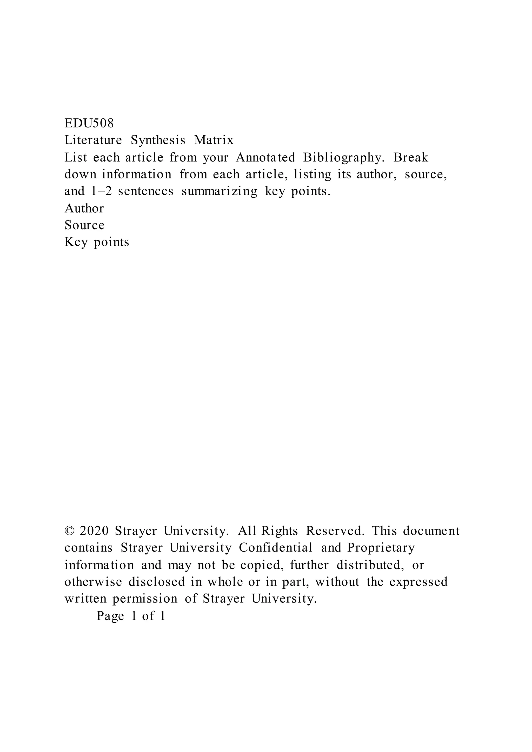 EDU508Literature Synthesis MatrixList each article from your | DOCX