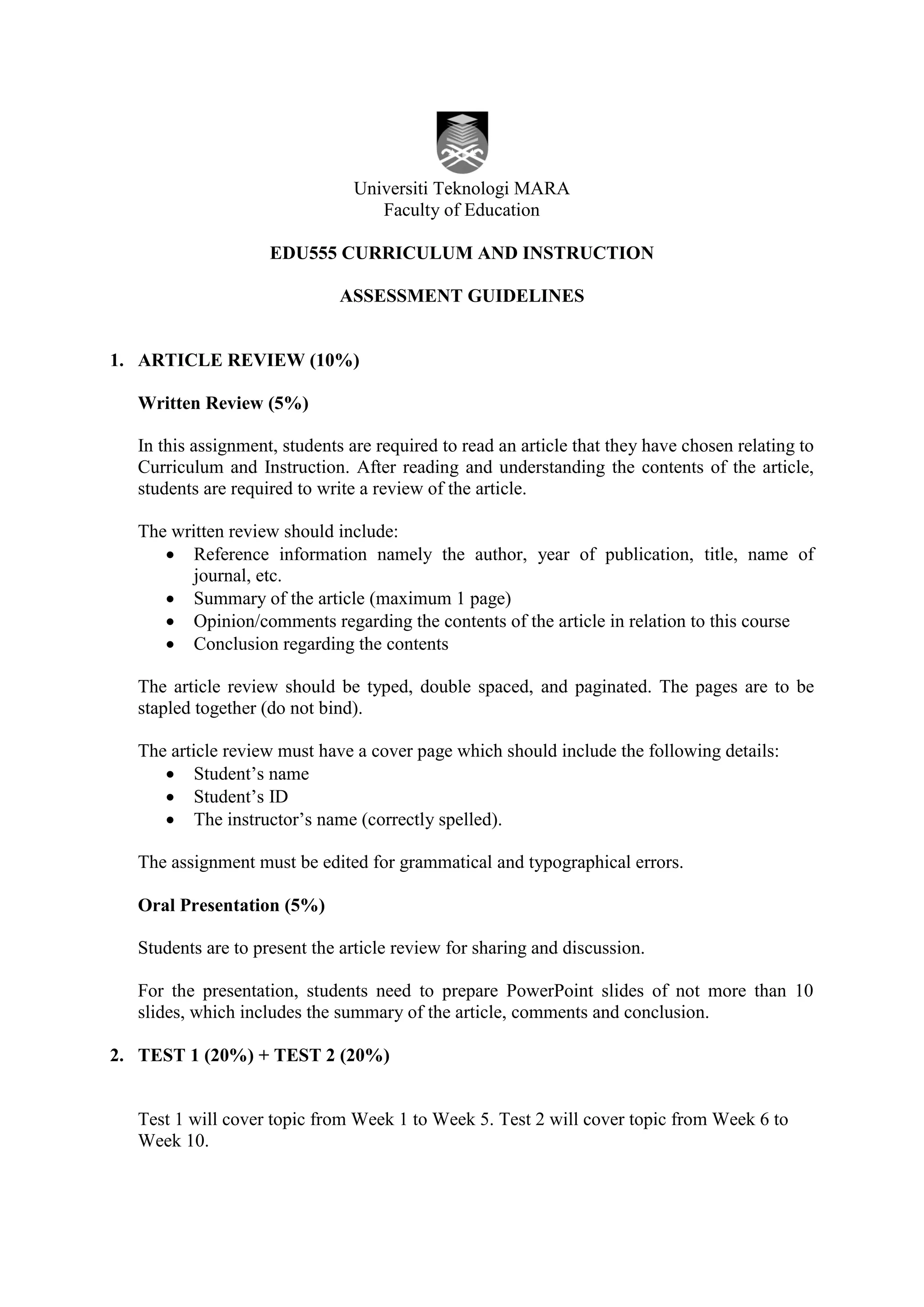 Edu555 assessment guidelines | PDF