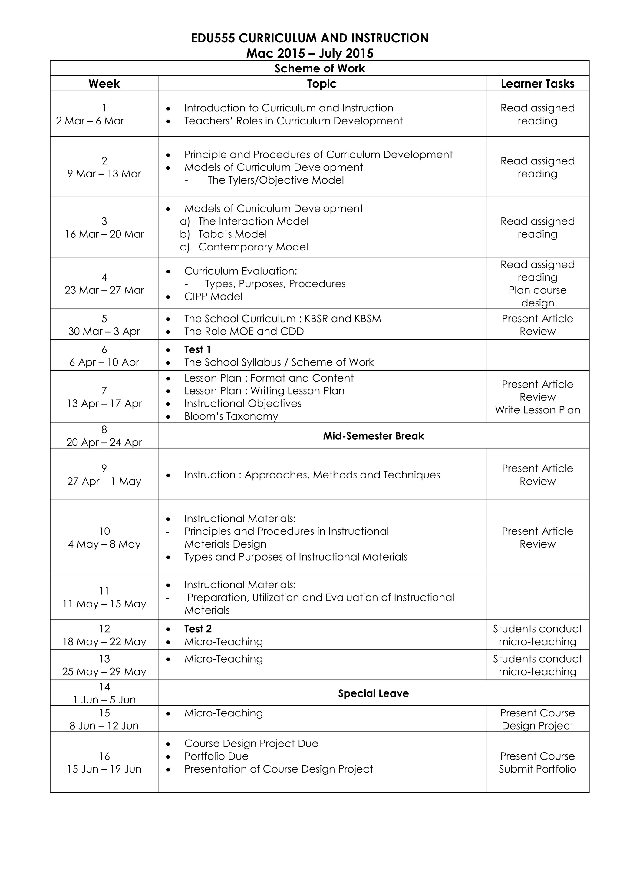 Edu 555 scheme of work 1 | PDF