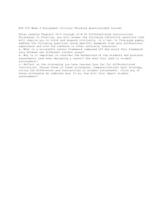 Edu 675 week 4 assignment critical thinking questions(ash course) | DOCX
