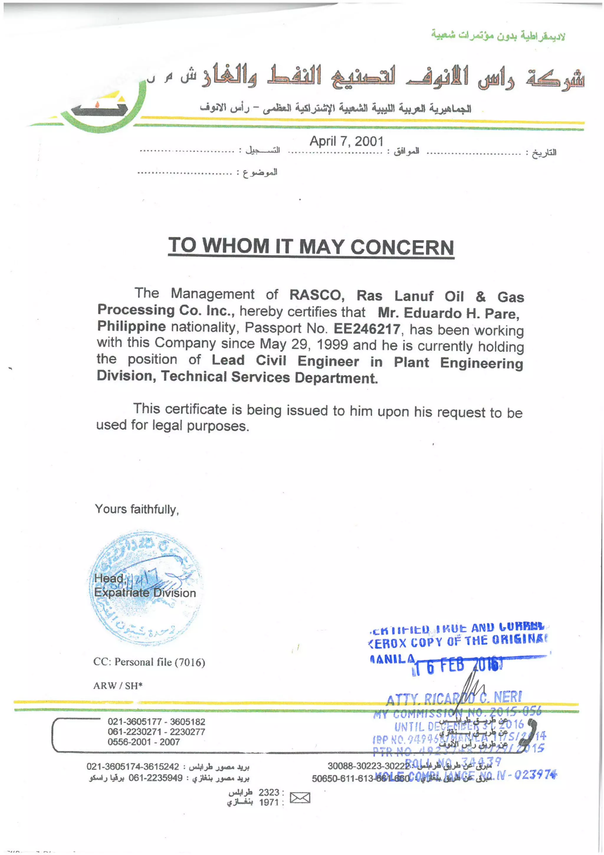 EDUARDO H. PARE (AUTHENTICATED) WORK EXPERIENCE CERTIFICATE – LIBYA ...