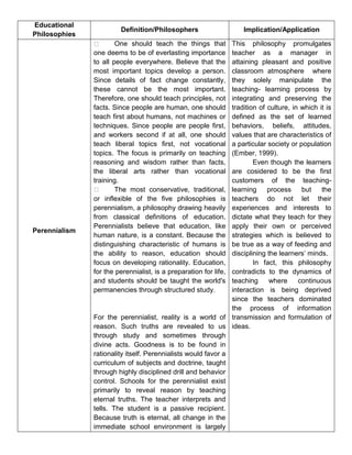 Educational philosophies.matrix form | DOCX