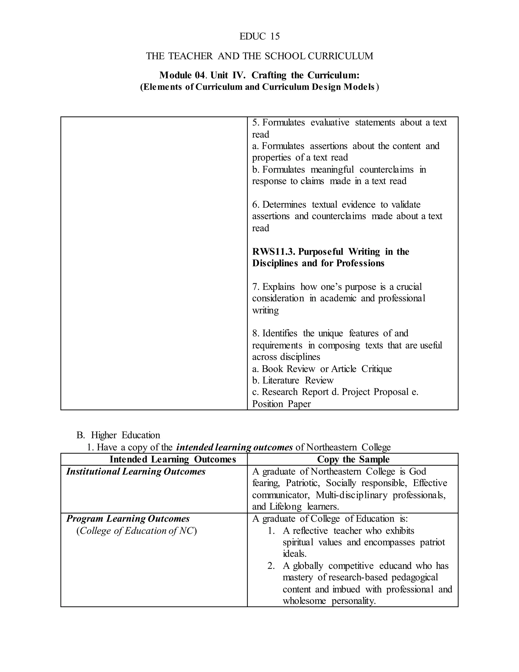 Educ 15 The Teacher and the School Curriculum | DOCX