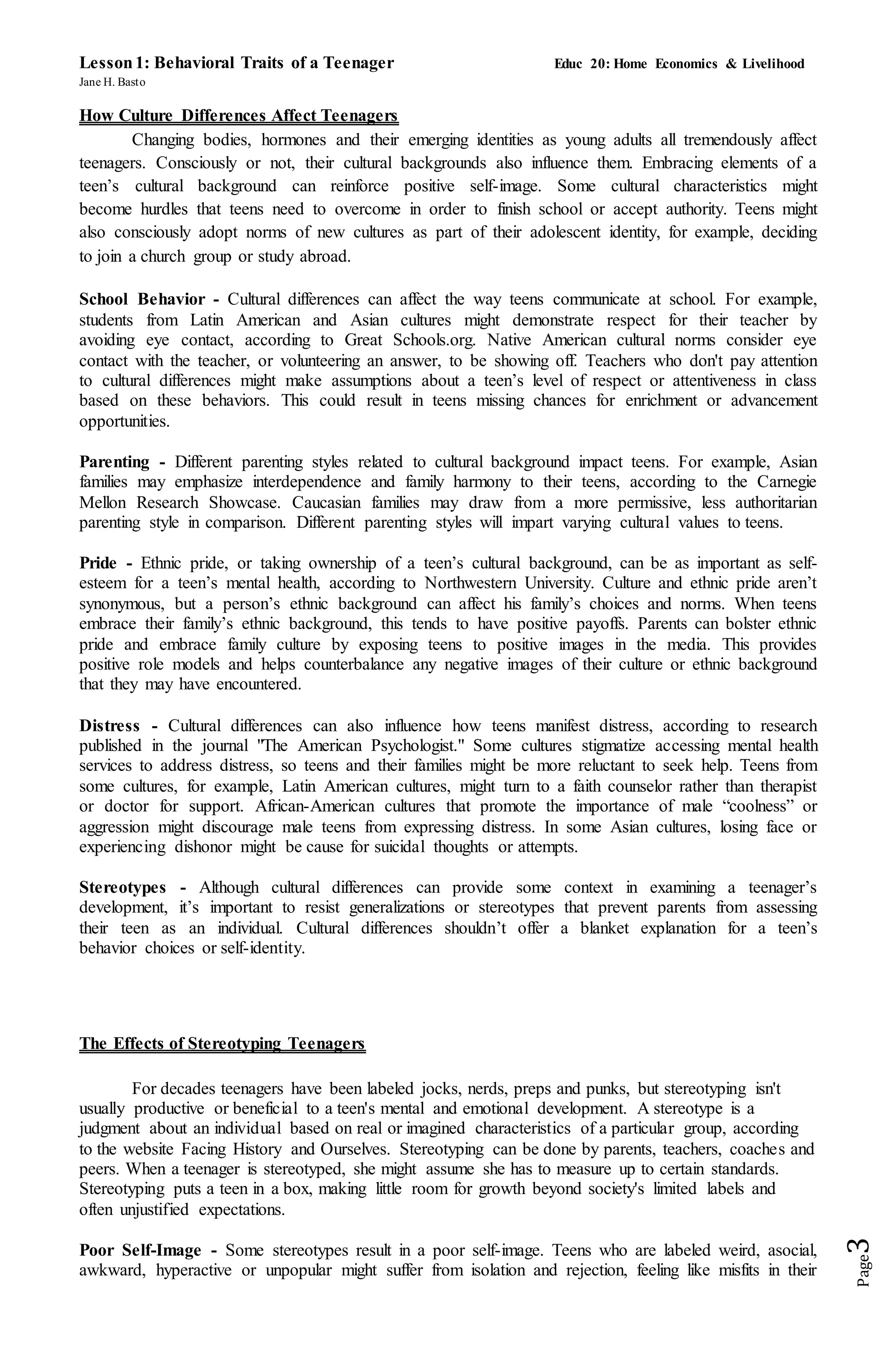 Behavioral Traits of a Teenager | DOCX