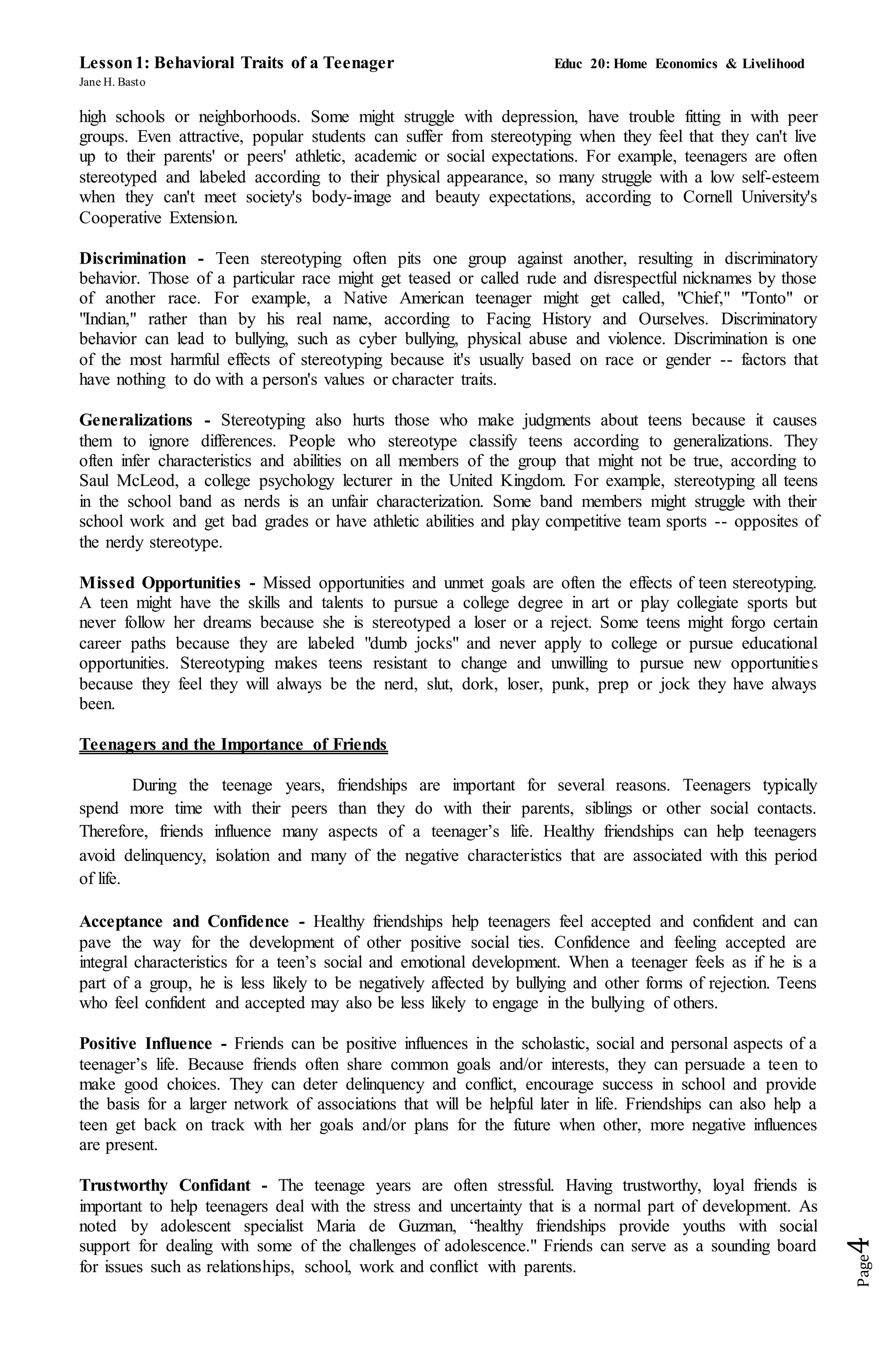 Behavioral Traits of a Teenager | DOCX