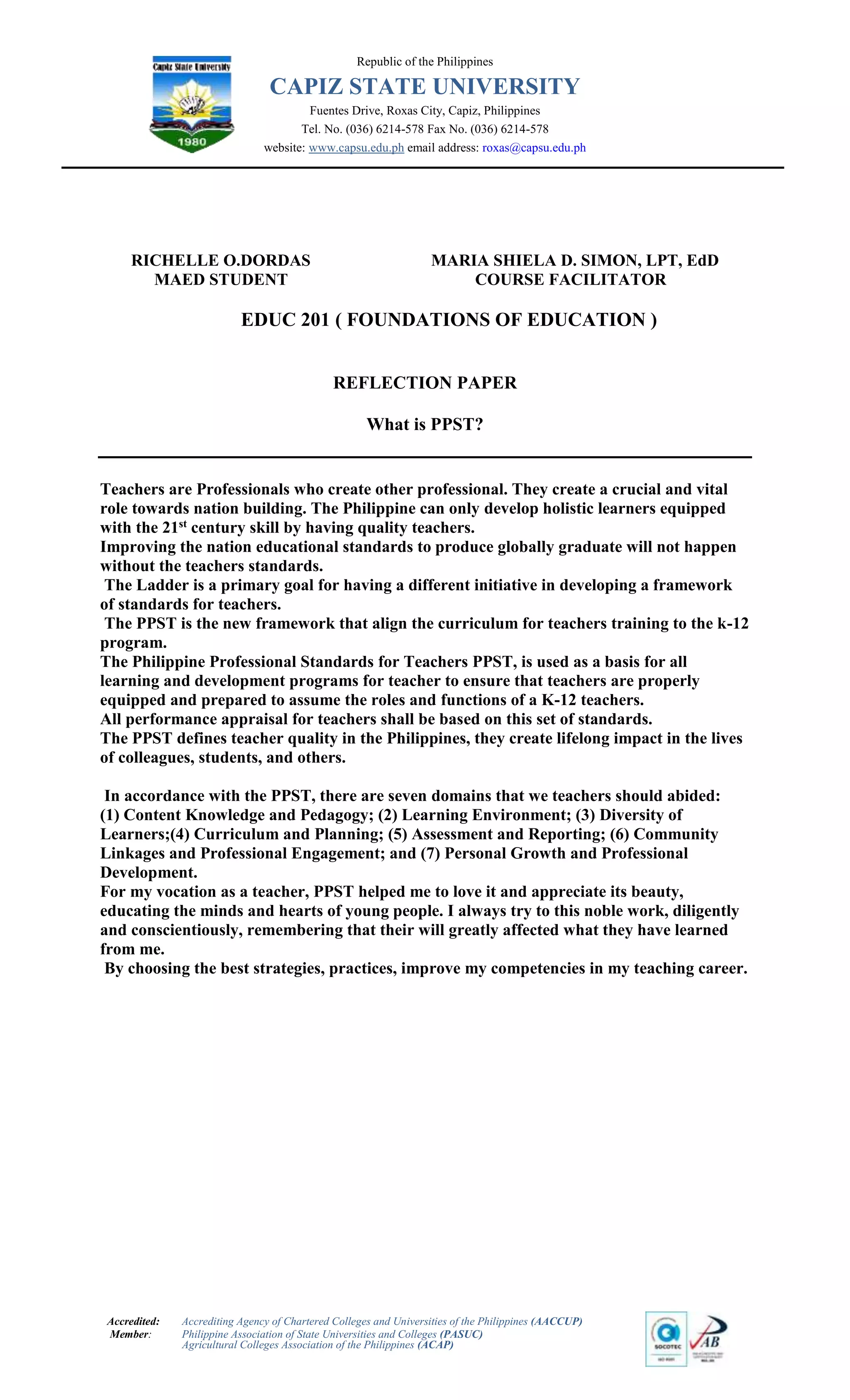 Educ 201 -My Reflection about PPST.docx