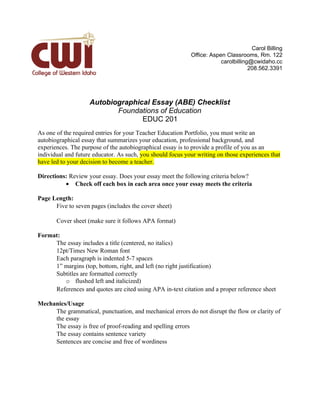 EDUC 201 ABE Checklist & Guidelines | DOC