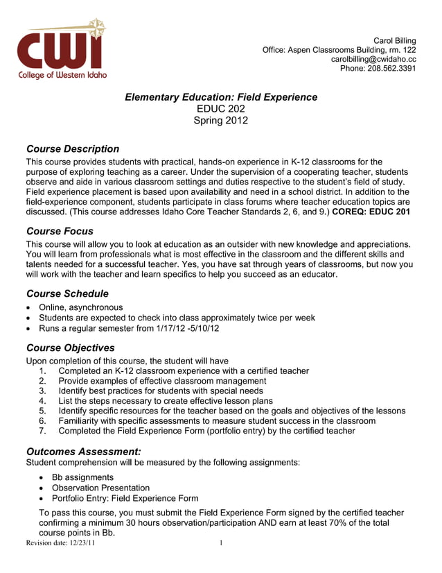EDUC 202 Syllabus SP 2012 Billing | PDF