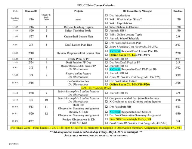 EDUC 204W Calendar SP12 | PPT