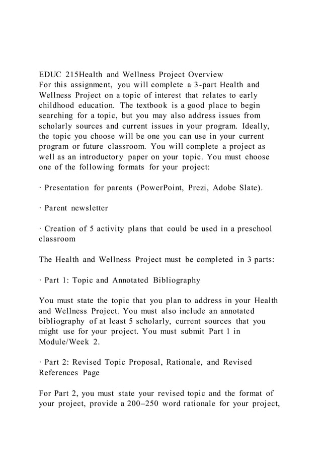 EDUC 215Health and Wellness Project OverviewFor this assignmen | DOCX