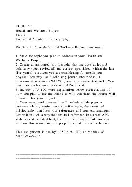 EDUC 215Health and Wellness Project Part 1Topic and Annotate | DOCX