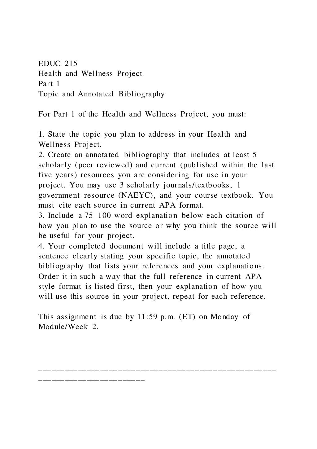 EDUC 215Health and Wellness Project Part 1Topic and Annotate | DOCX