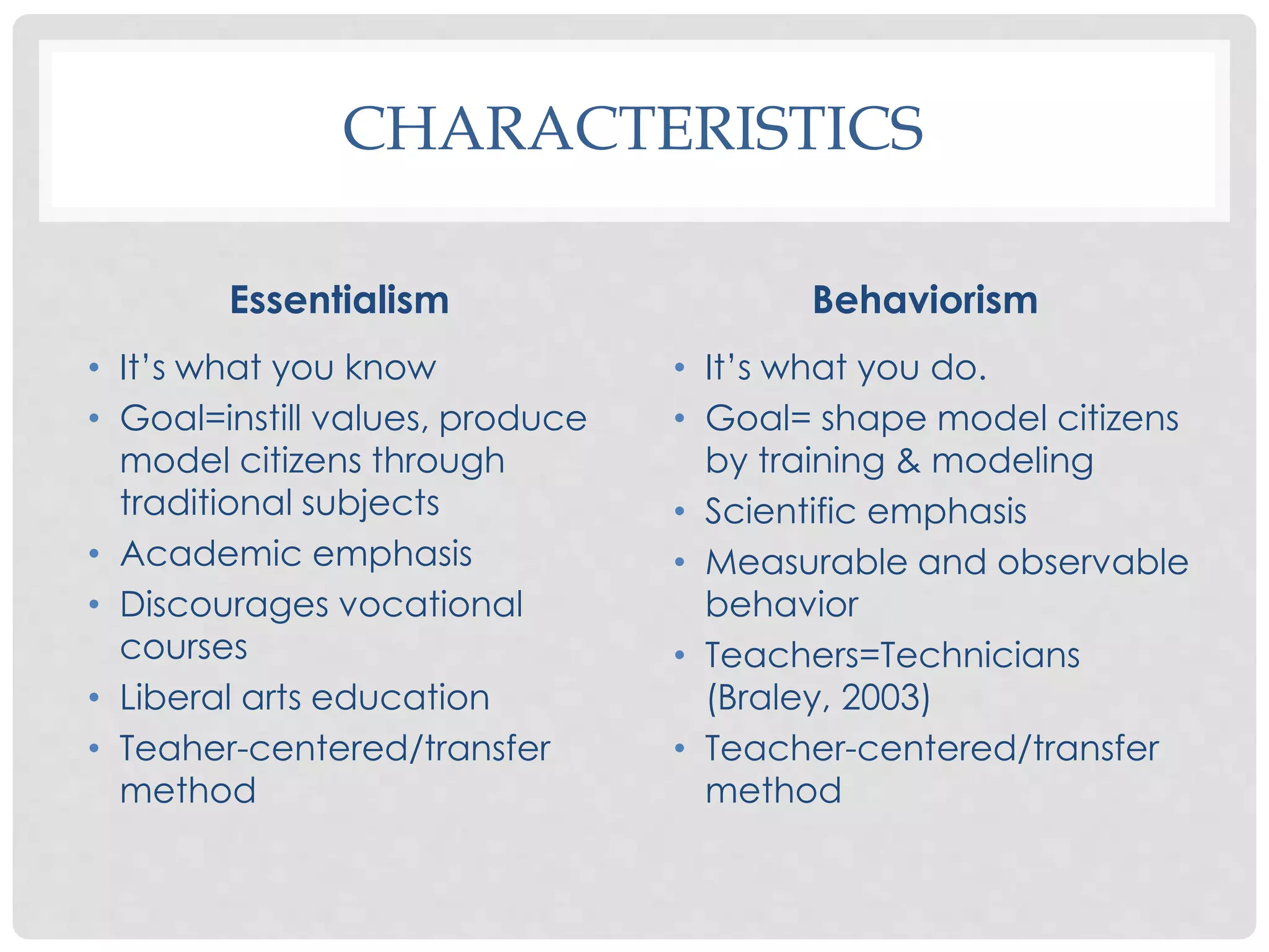 Behaviorism vs. Essentialism Educational Philosophies Teaching Tool | PPTX